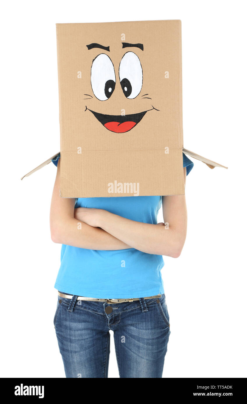 Woman with cardboard box on her head with happy face, isolated on white ...