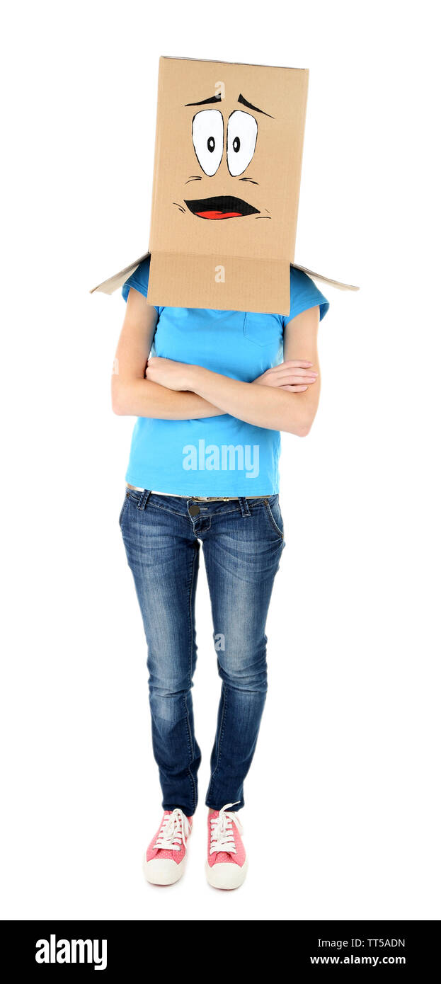 Woman with cardboard box on her head with sad face, isolated on white ...