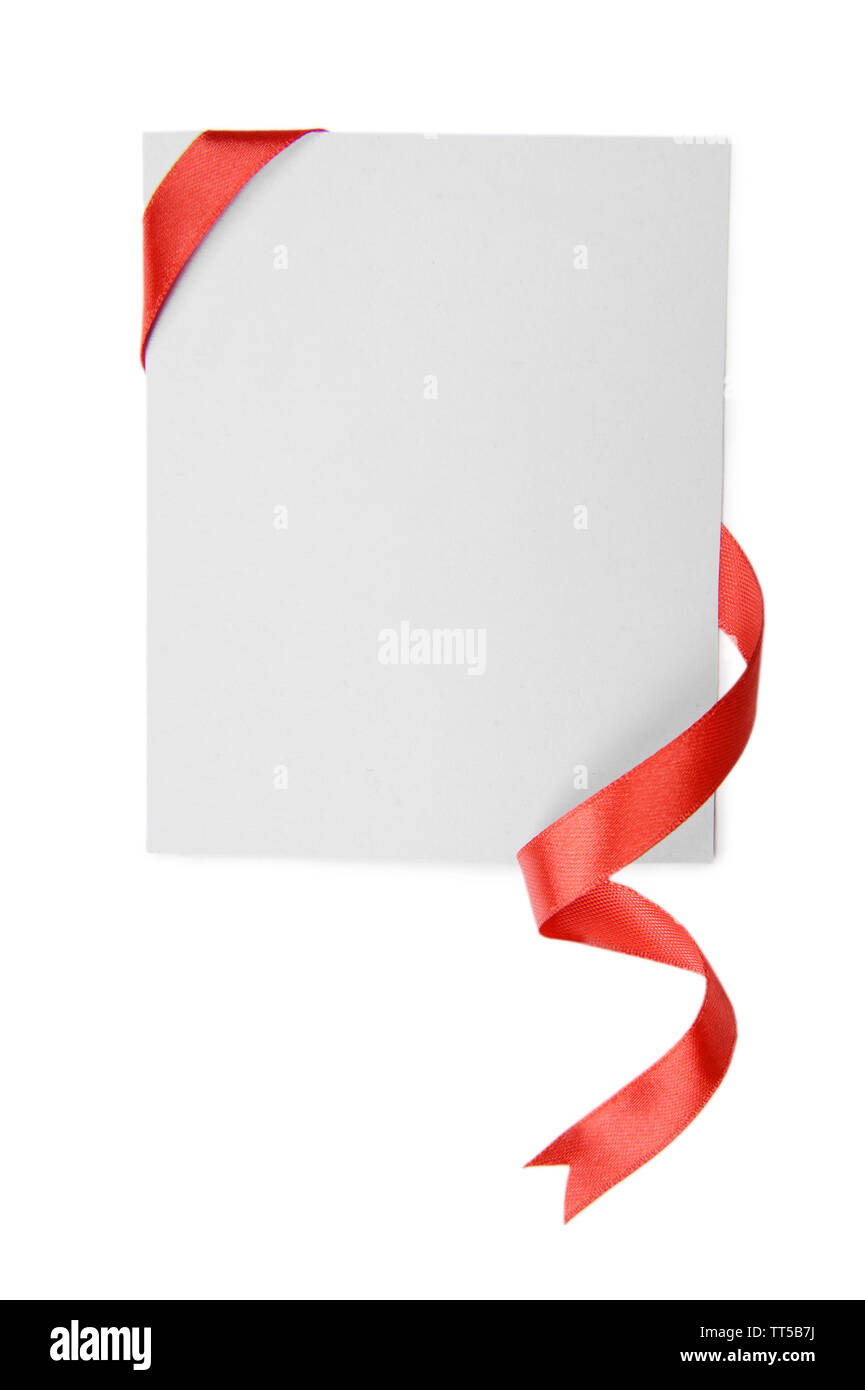 Shiny red ribbon with card isolated on white Stock Photo - Alamy
