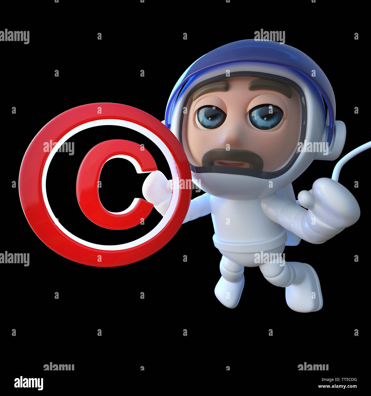 3d render of a funny cartoon astronaut spaceman holding a copyright ...