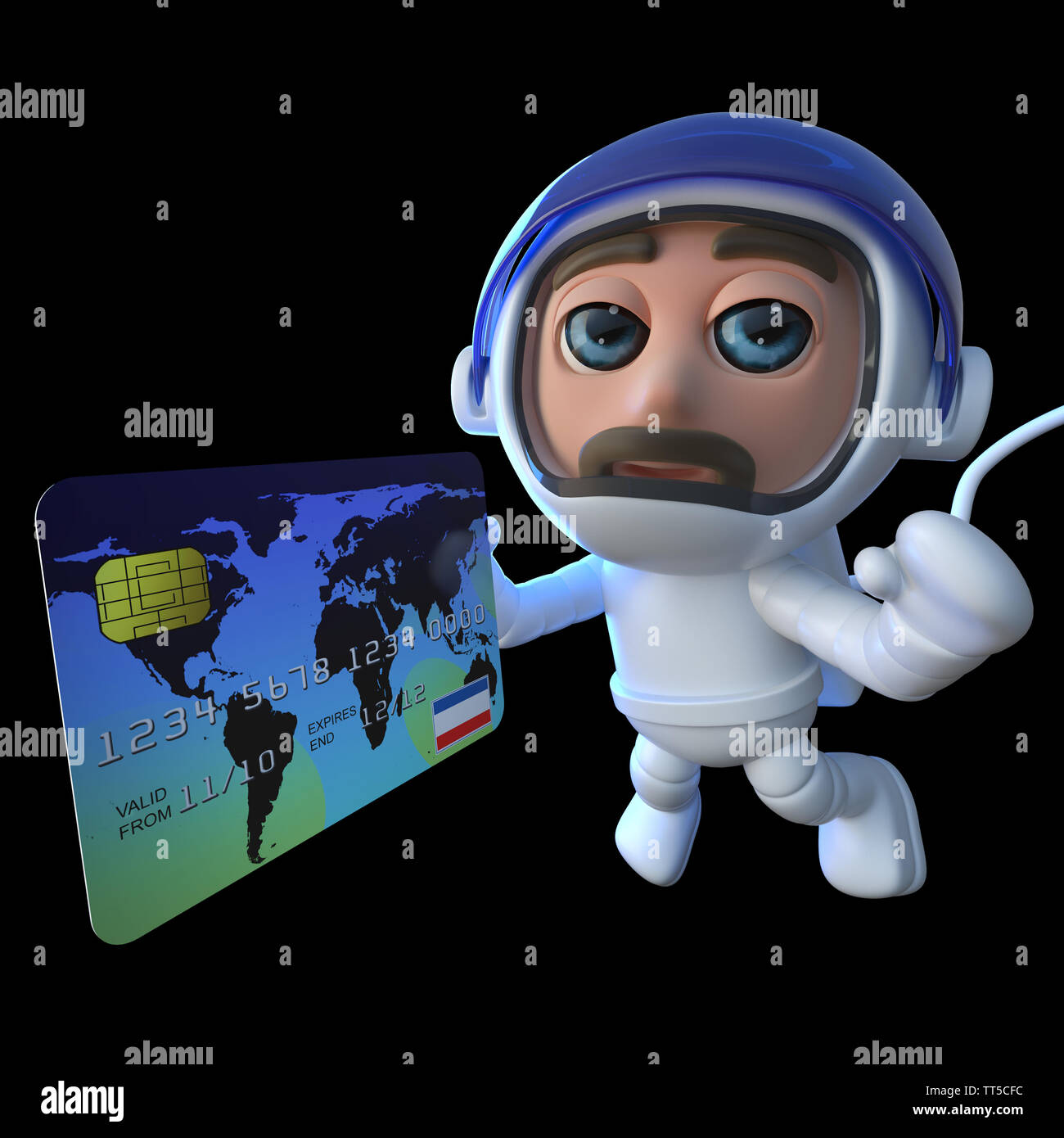 3d render of a funny cartoon spaceman astronaut character using a debit ...