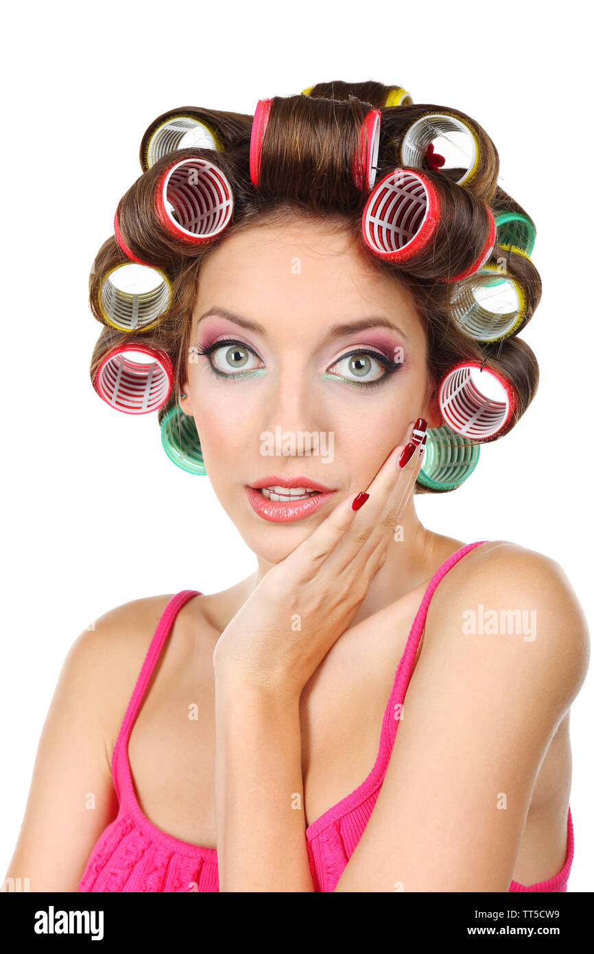 Beautiful girl in hair curlers isolated on white Stock Photo - Alamy