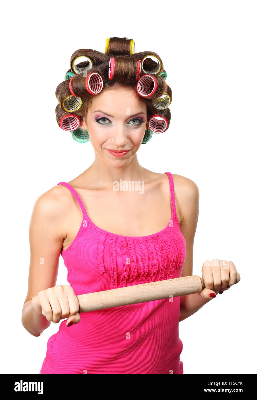 Beautiful girl in hair curlers isolated on white Stock Photo - Alamy