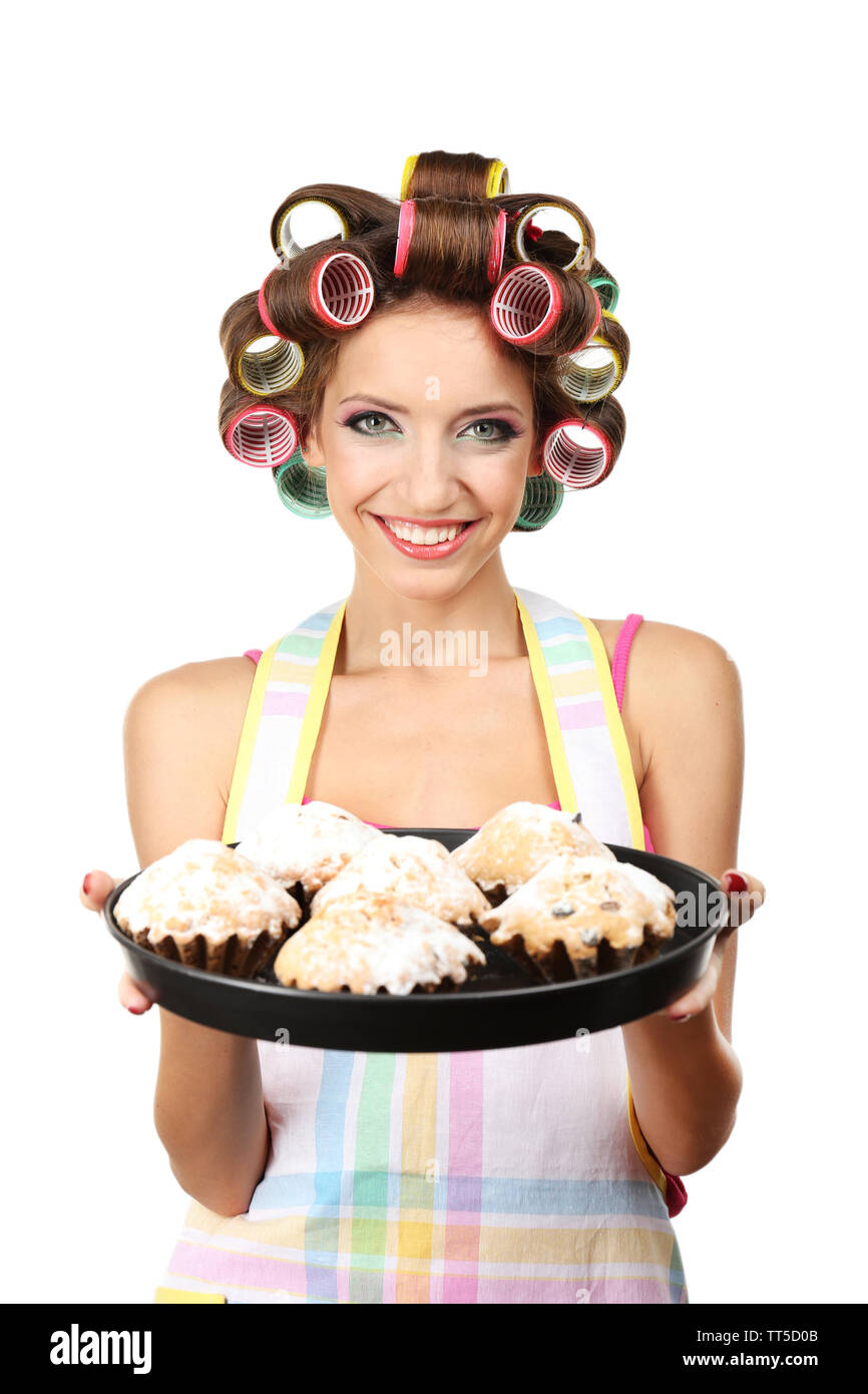 Beautiful girl in hair curlers isolated on white Stock Photo - Alamy