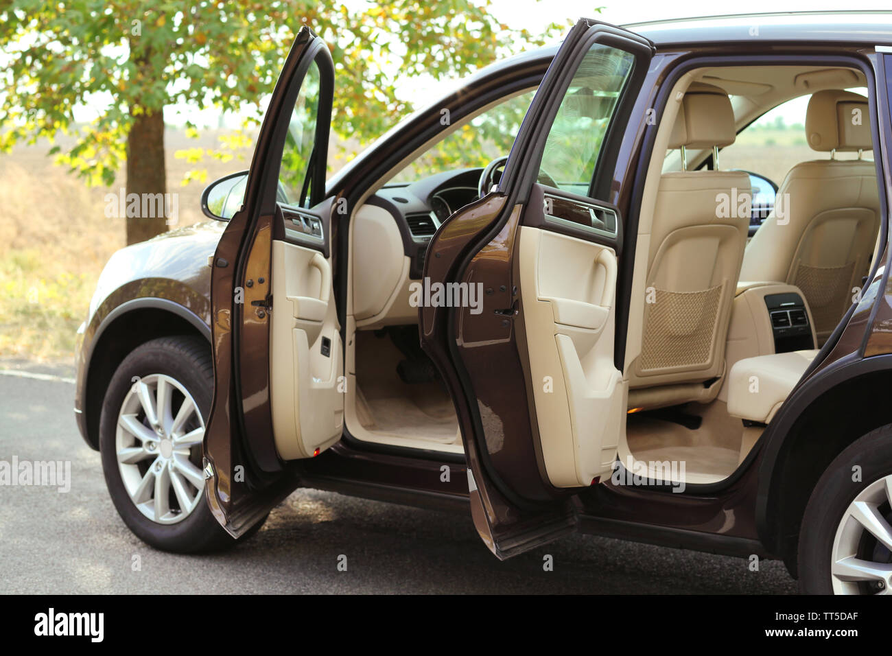 Modern car with open door, outdoors Stock Photo - Alamy