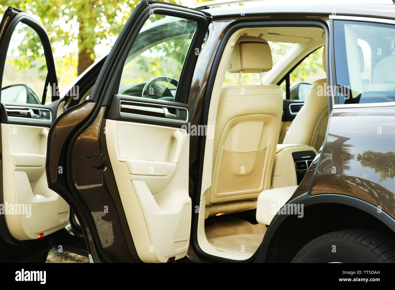 Modern car with open door, outdoors Stock Photo - Alamy