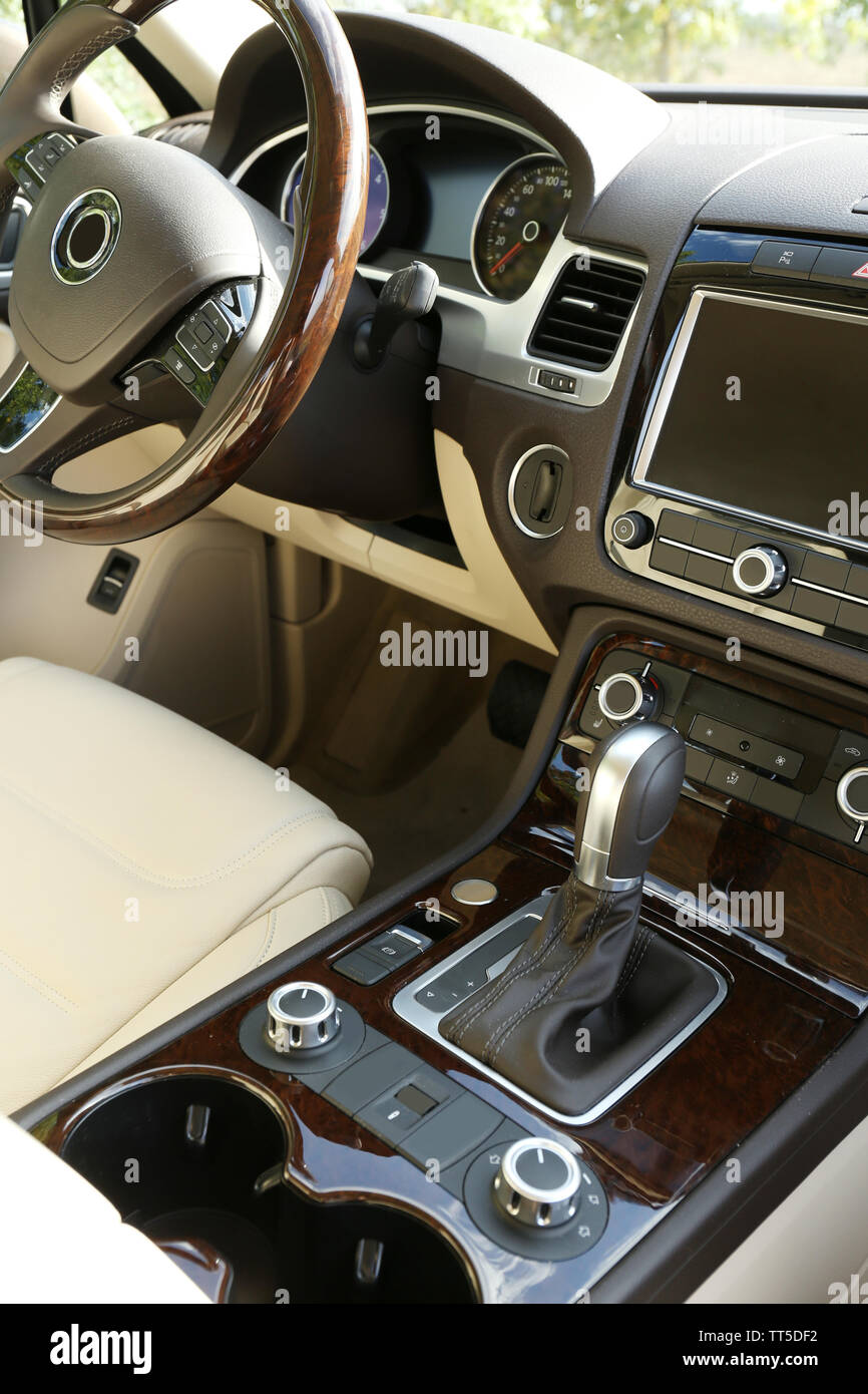 Modern car interior. Steering wheel, close-up Stock Photo - Alamy