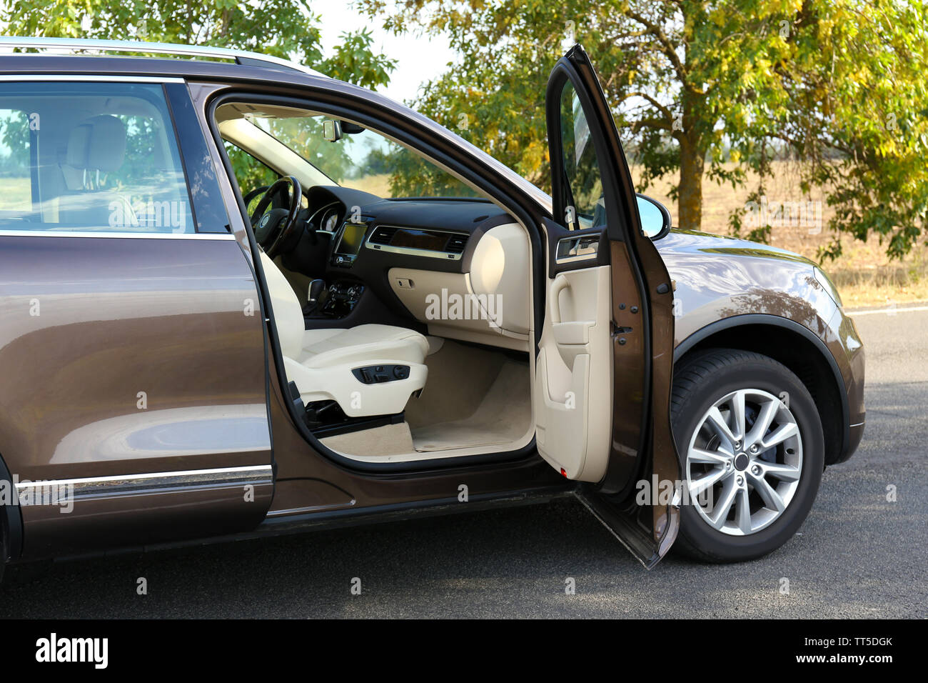 Modern car with open door, outdoors Stock Photo - Alamy