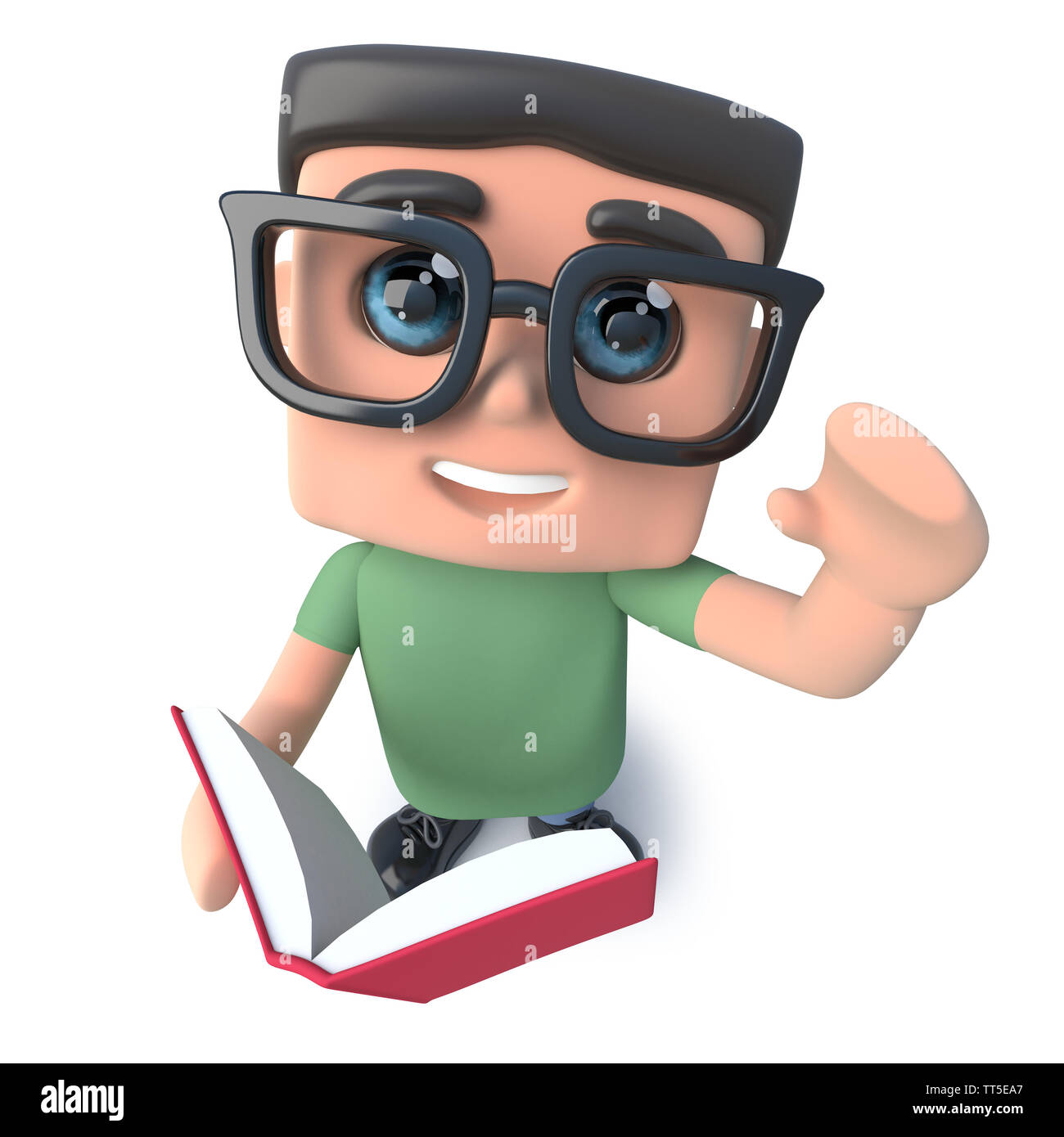 3d render of a funny cartoon geek nerd hacker character reading a book ...