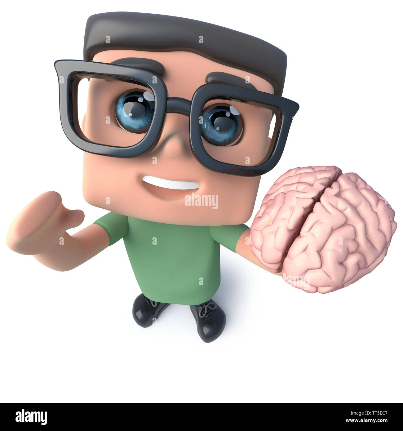 3d render of a funny cartoon geek nerd hacker character holding a human ...