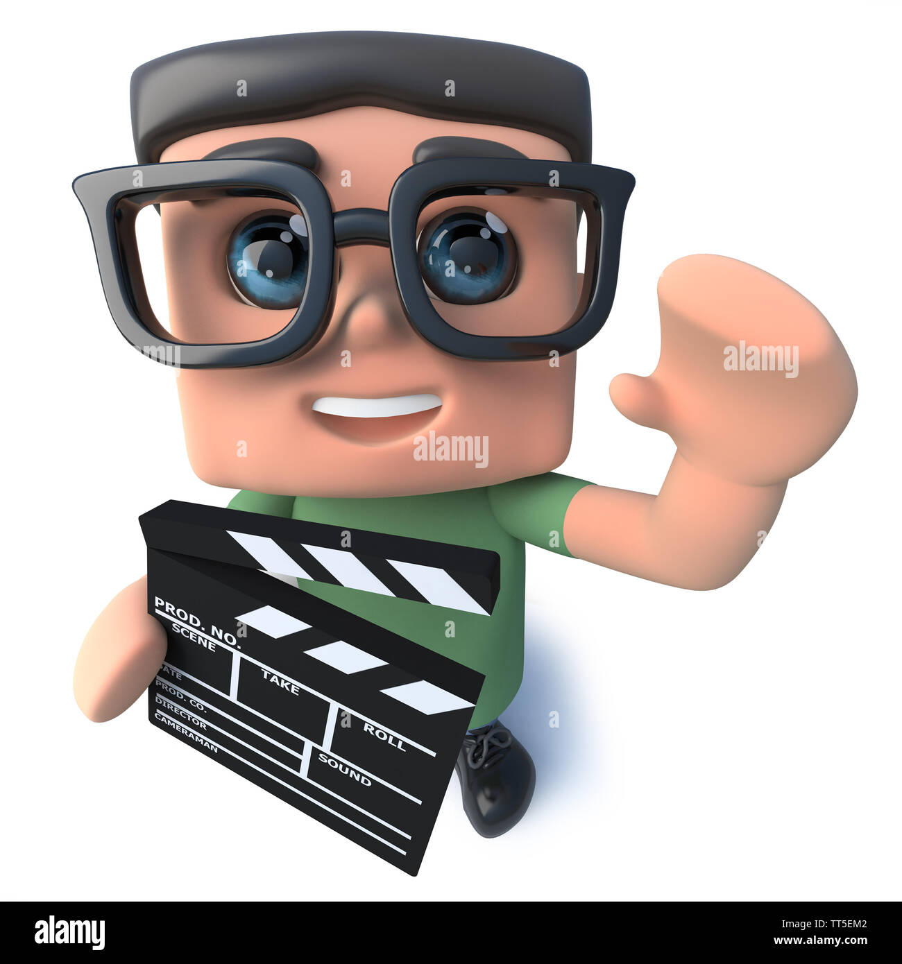 3d render of a funny cartoon nerd geek character holding a movie making ...