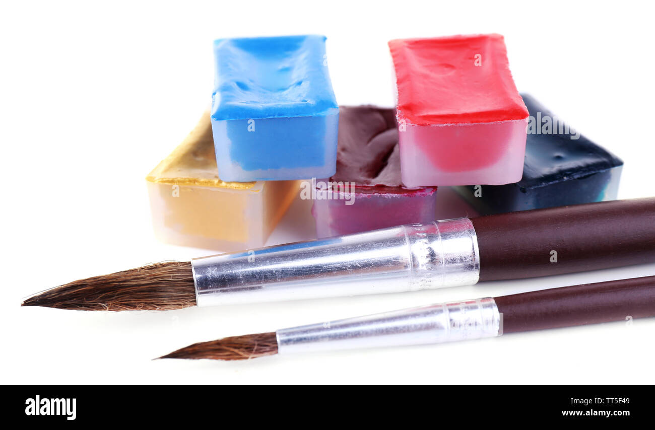 watercolor paint cubes and brushes isolated on white Stock Photo - Alamy