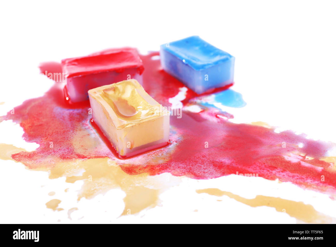 Watercolor paint cubes and spilled paint isolated on white Stock Photo ...