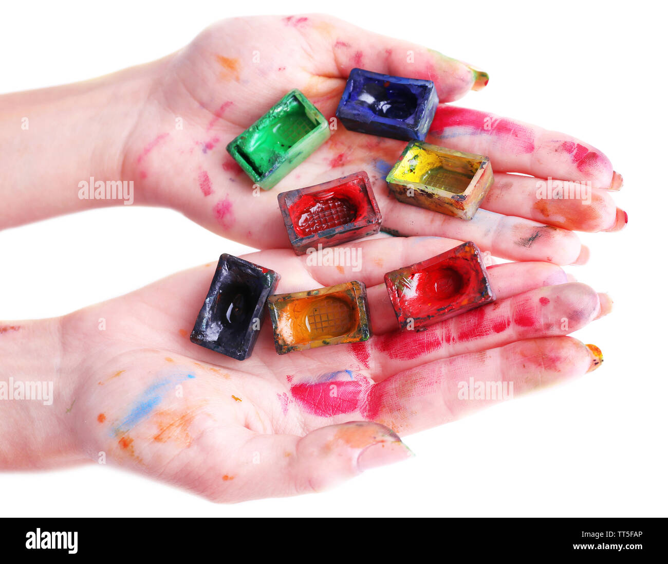 Watercolor paint cubes in female hands isolated on white Stock Photo ...