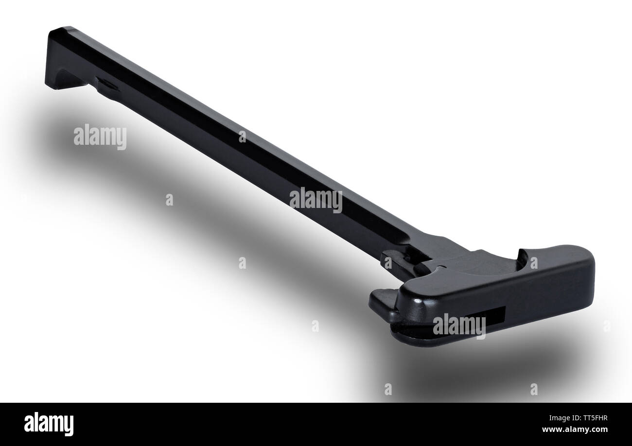 Charging handle from an assault rifle on white with shadow below Stock ...