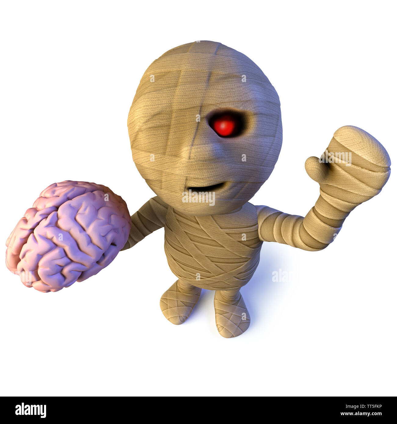 3d render of a funny cartoon Egyptian mummy character holding a cursed ...