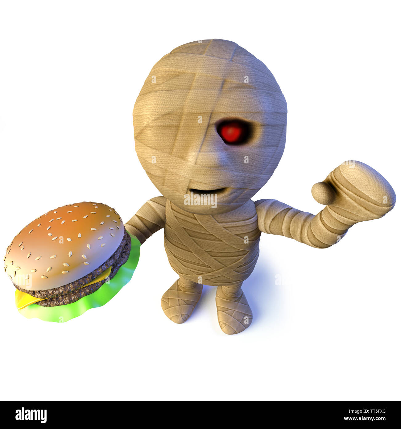 3d render of a funny cartoon Halloween Egyptian mummy character eating ...
