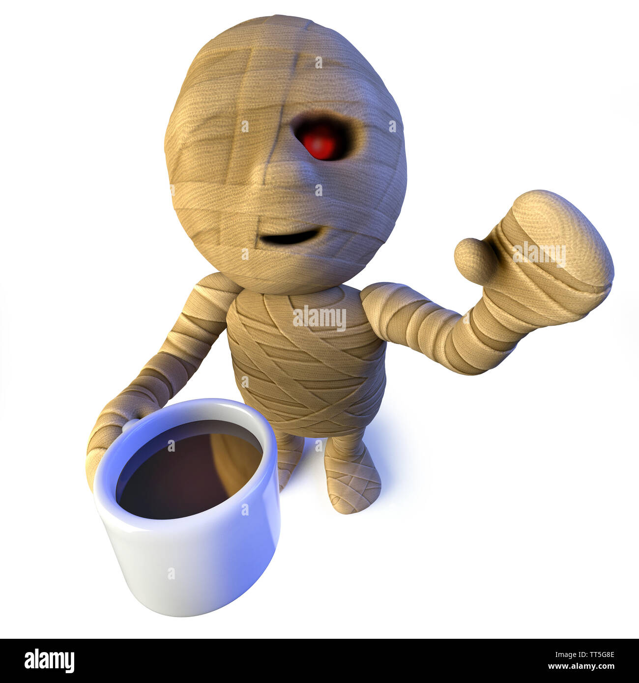 3d render of a funny cartoon Egyptian mummy monster character drinking ...