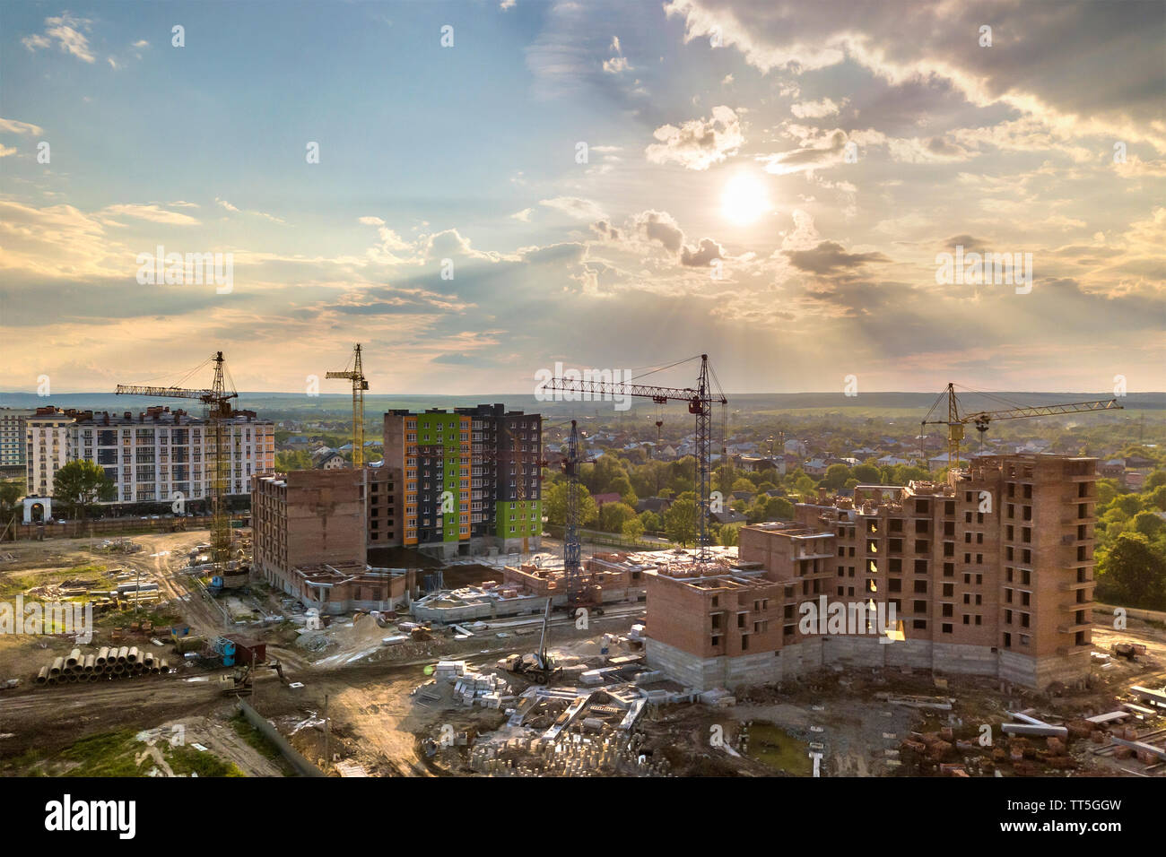 Aerial view of building site. Apartment or office building under ...