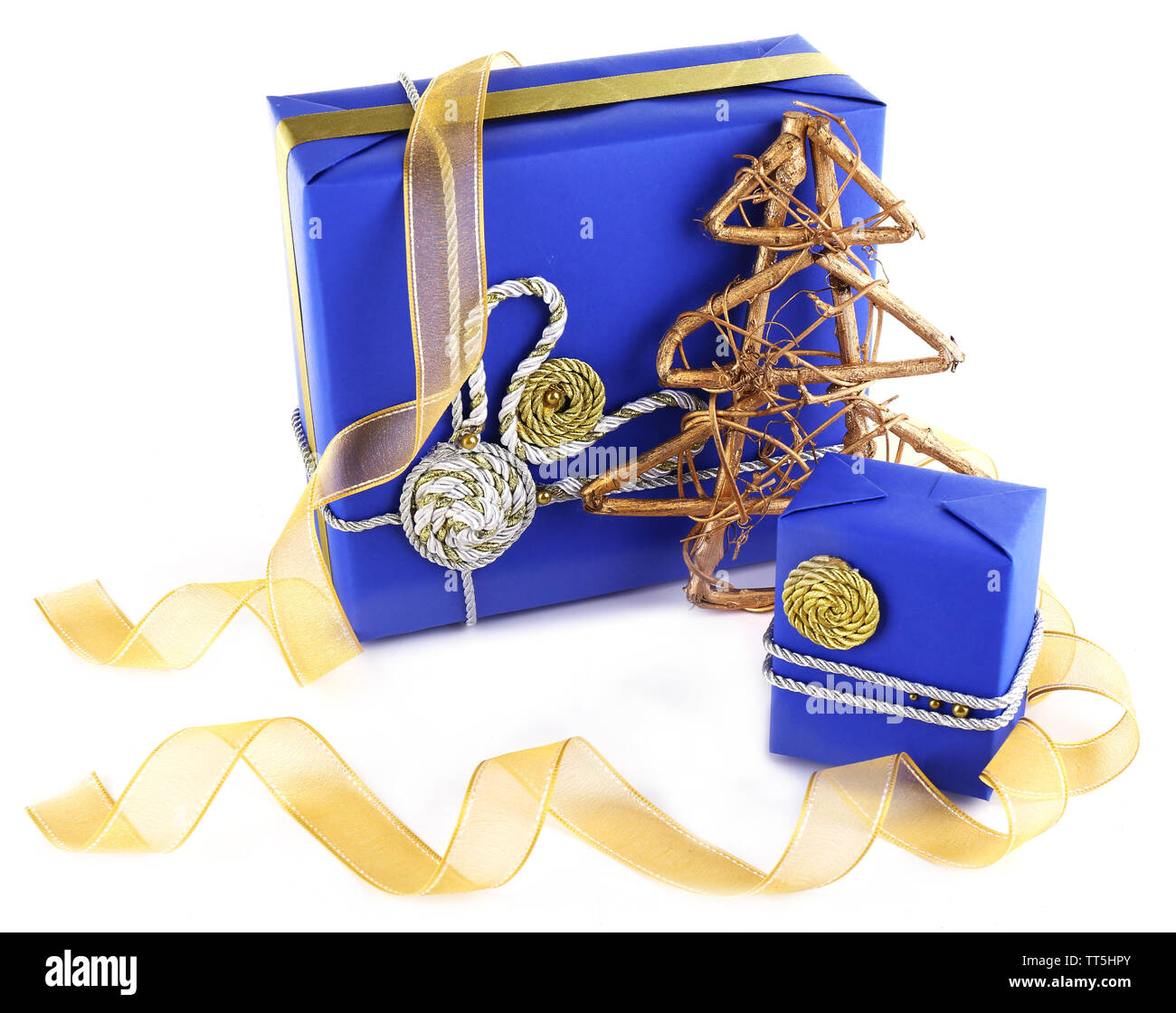 Blue holiday gift boxes isolated on white Stock Photo - Alamy