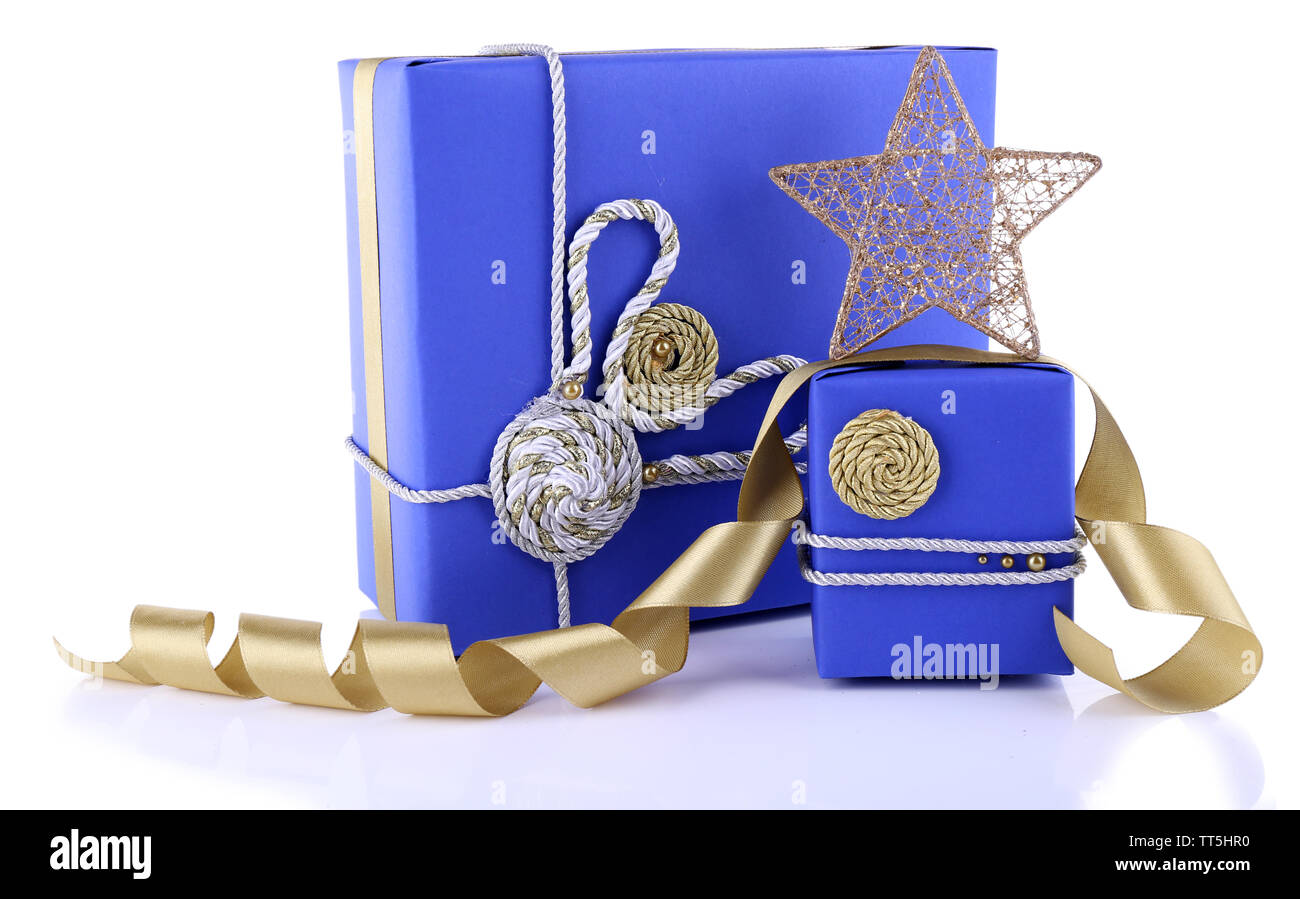 Blue holiday gift boxes isolated on white Stock Photo - Alamy