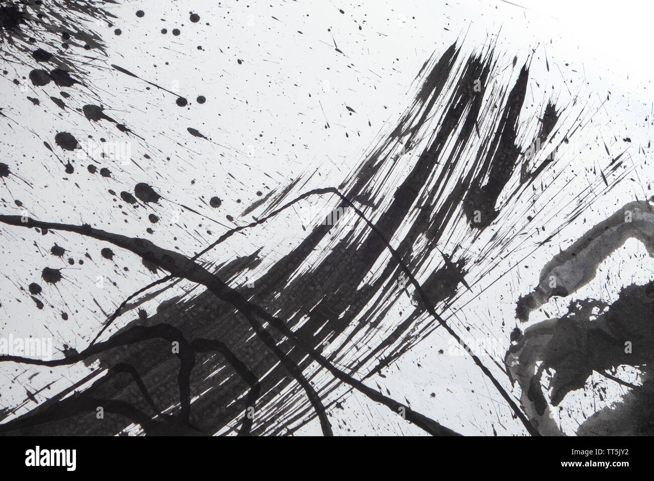 grungy motion splates and bloches of black ink on white paper Stock ...