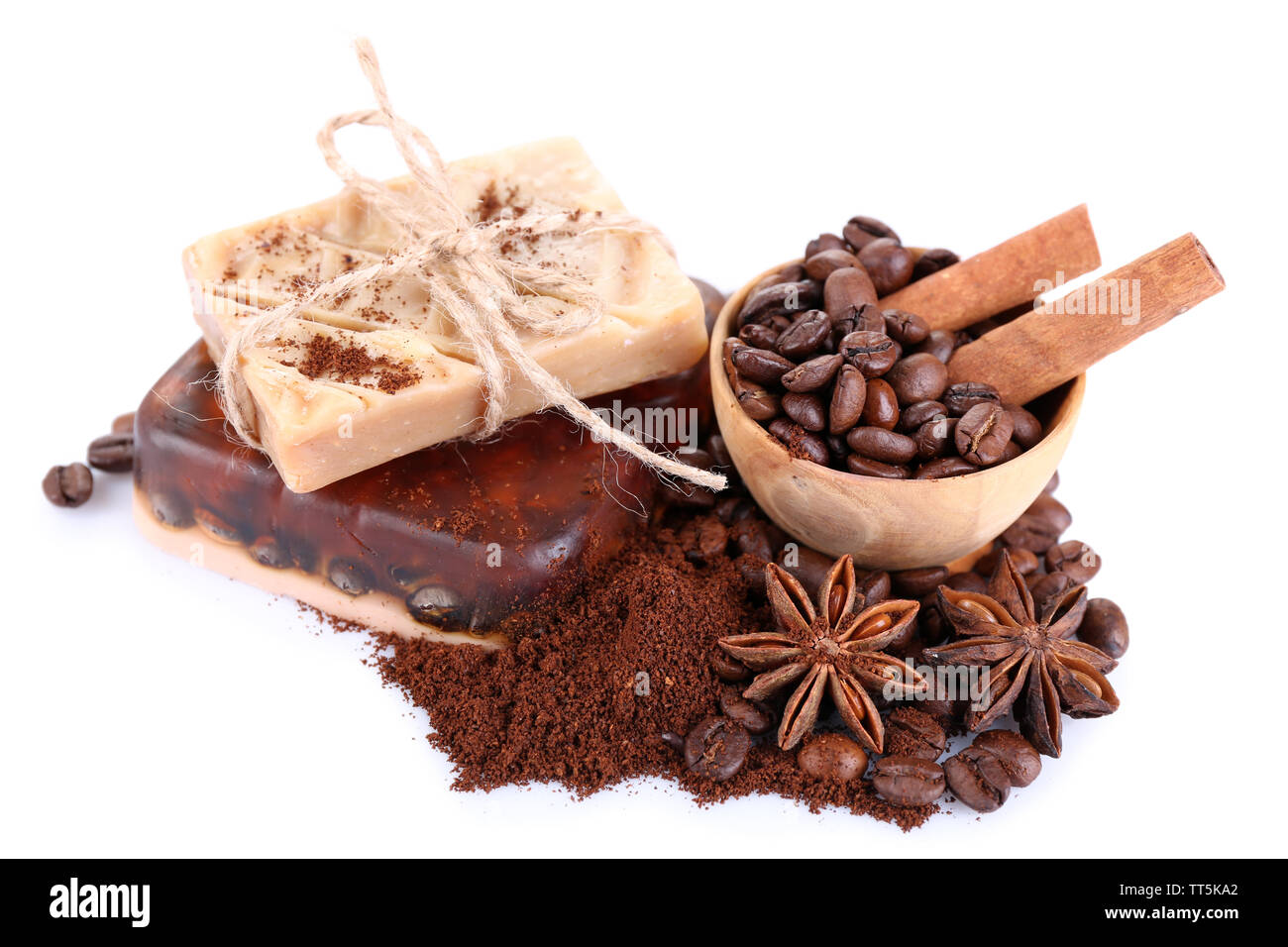 Organic soap with coffee beans and spices, isolated on white Stock ...