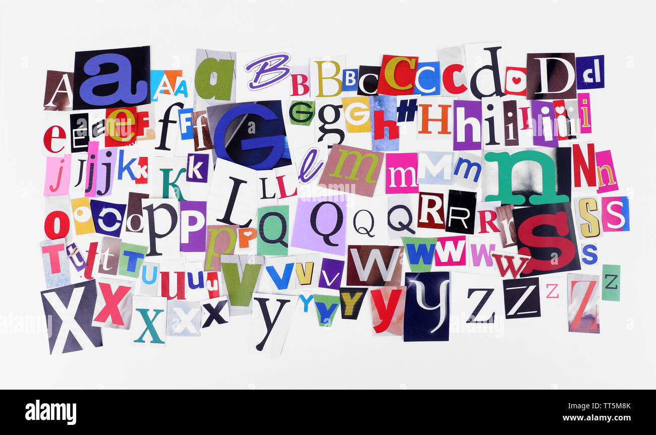 Colorful newspaper alphabet isolated on white Stock Photo - Alamy