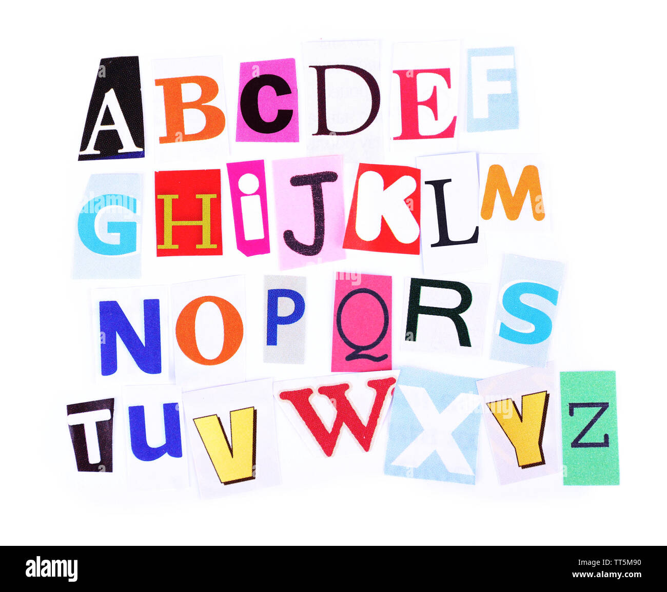 Colorful newspaper alphabet isolated on white Stock Photo - Alamy