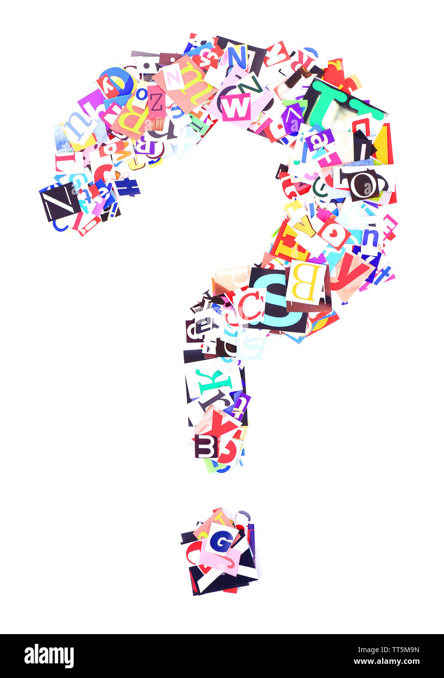 Question mark made of colorful newspaper letters isolated on white ...