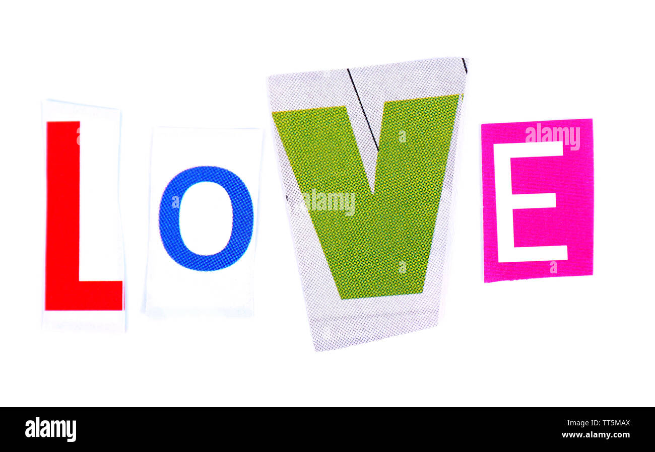 Word "Love" made of colorful newspaper letters isolated on white Stock ...