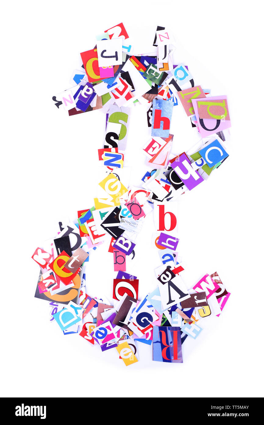 Dollar sign made of colorful newspaper letters isolated on white Stock ...