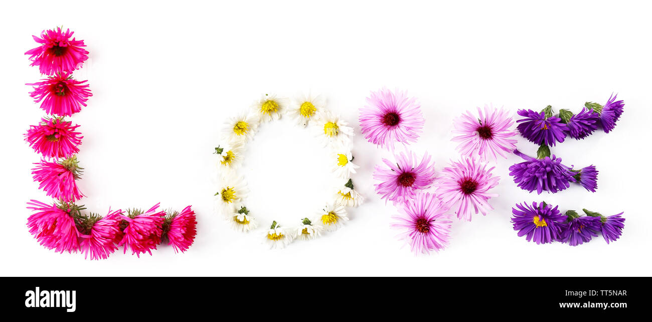 Love word formed with little flowers isolated on white Stock Photo - Alamy