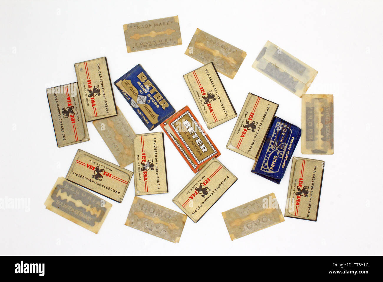 Pack of different vintage steel blade packed brands, isolated on a ...