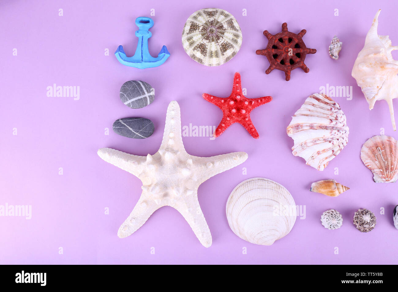 Sea souvenirs on purple background Stock Photo - Alamy