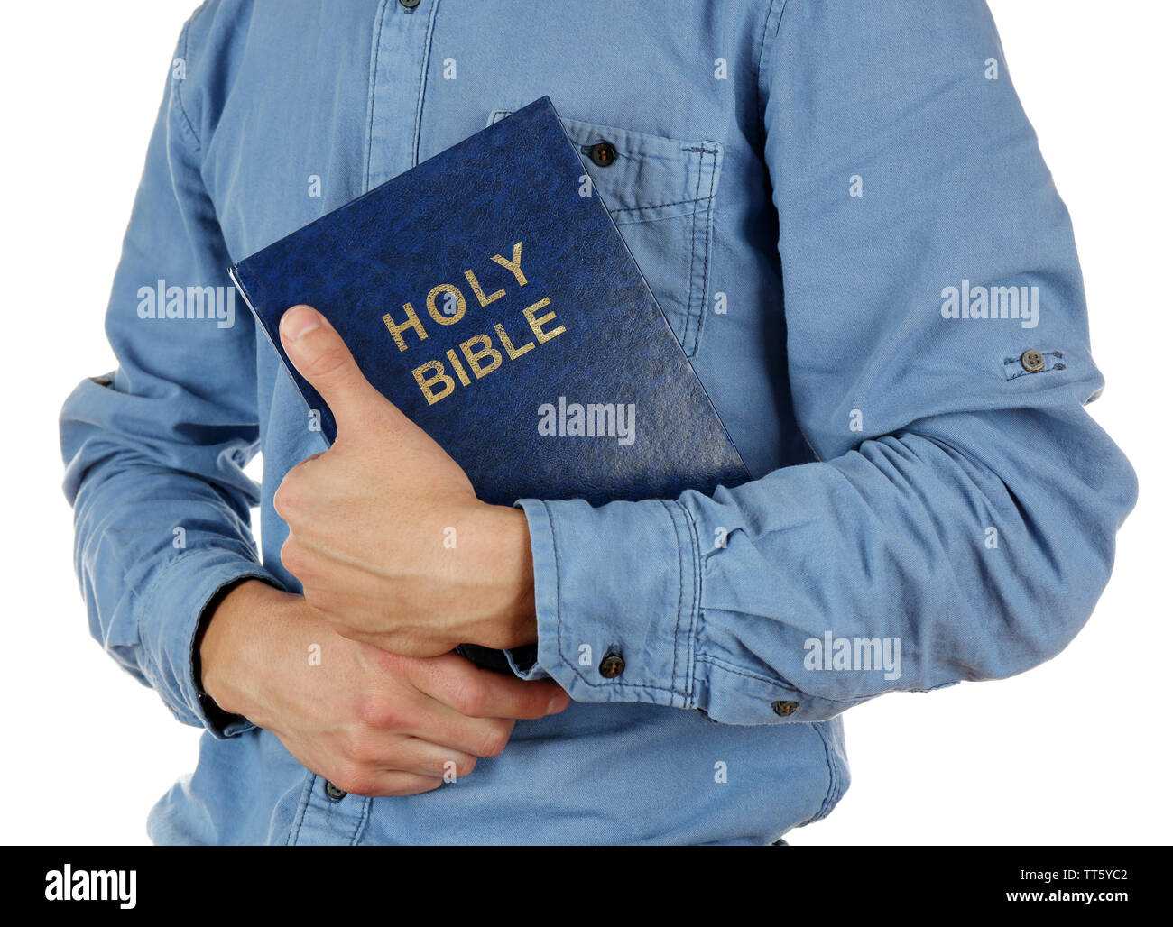 Man holding Bible isolated on white Stock Photo - Alamy