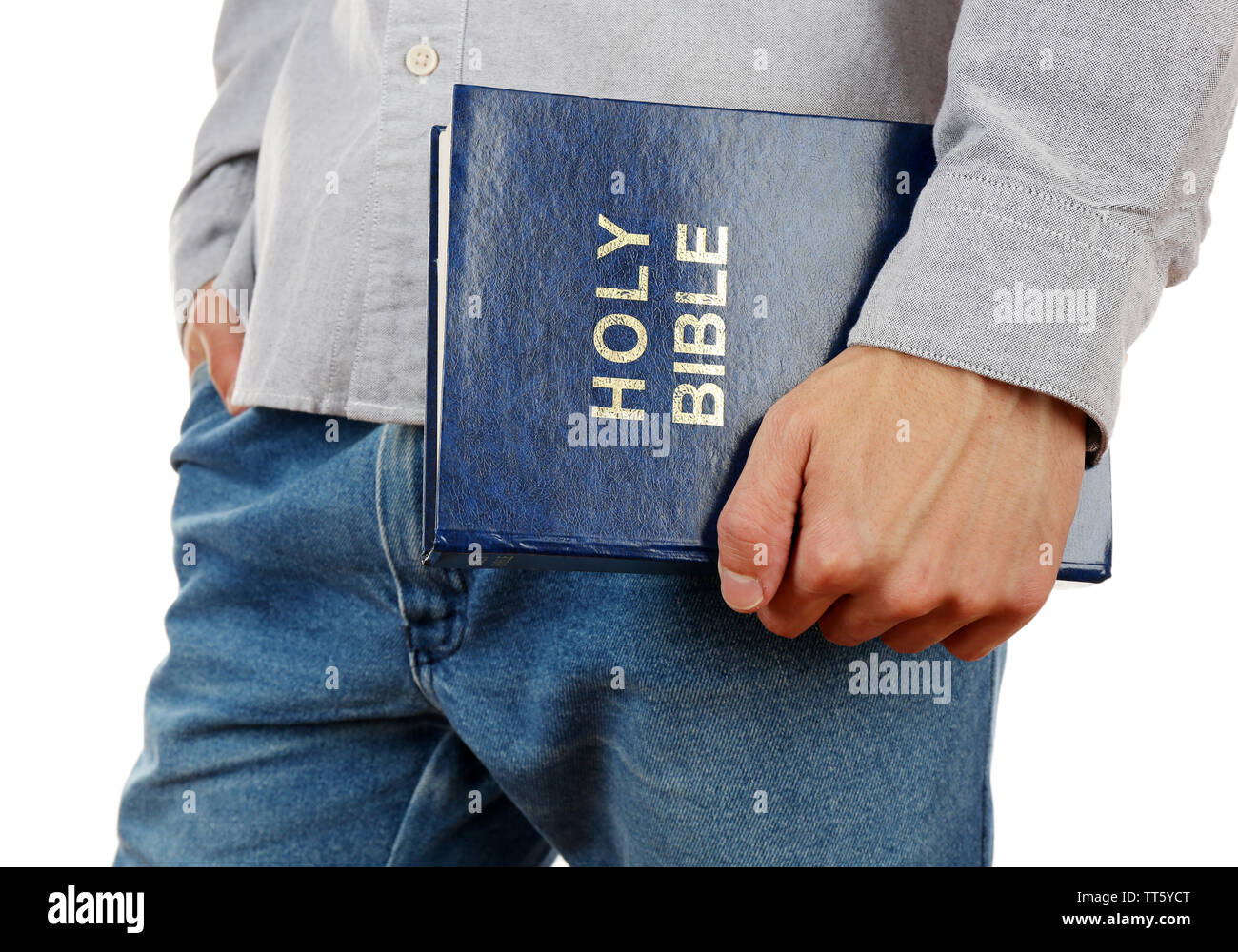 Man holding Bible isolated on white Stock Photo - Alamy