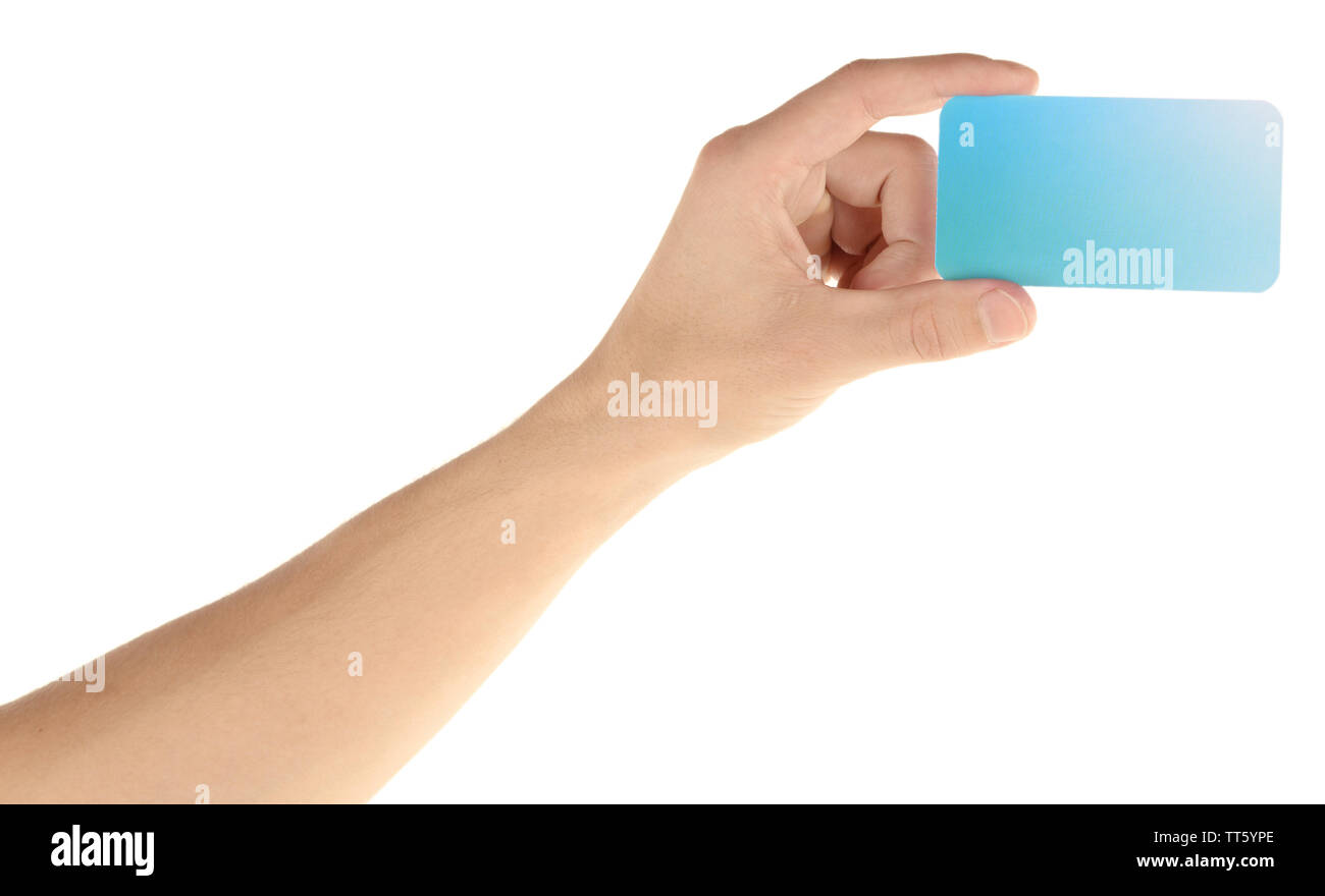 Man hand hold card isolated on white Stock Photo - Alamy