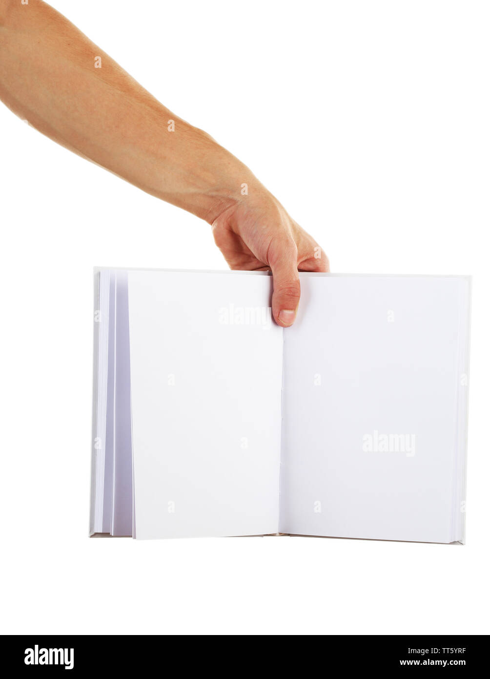 Man hand hold white book isolated on white Stock Photo - Alamy