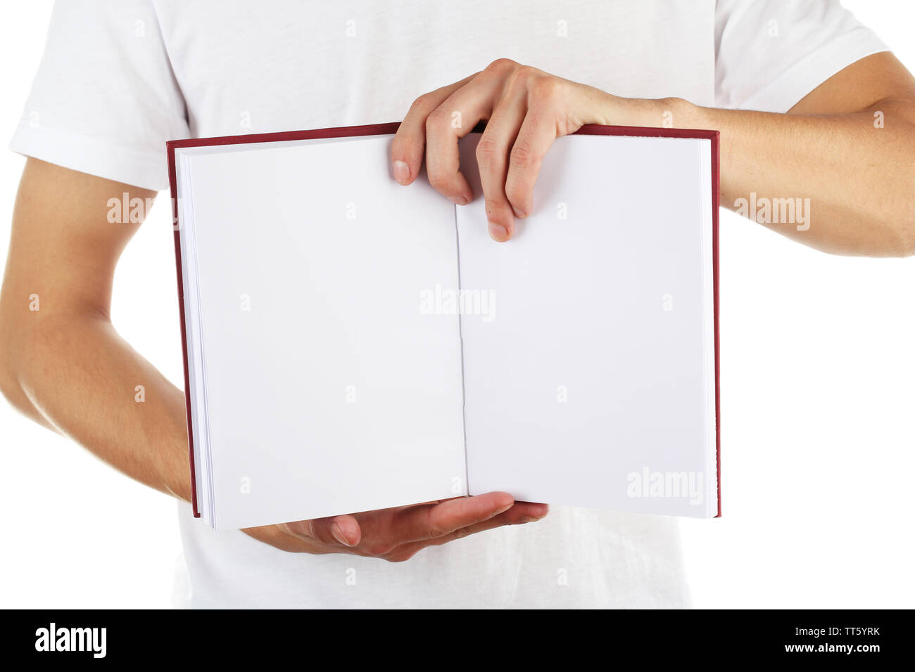 Man hold book isolated on white Stock Photo - Alamy