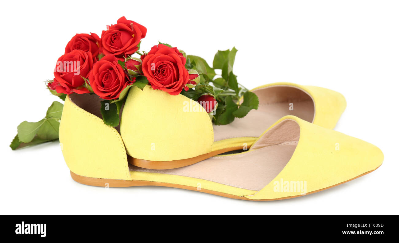 Beautiful woman shoes with flowers isolated on white Stock Photo - Alamy