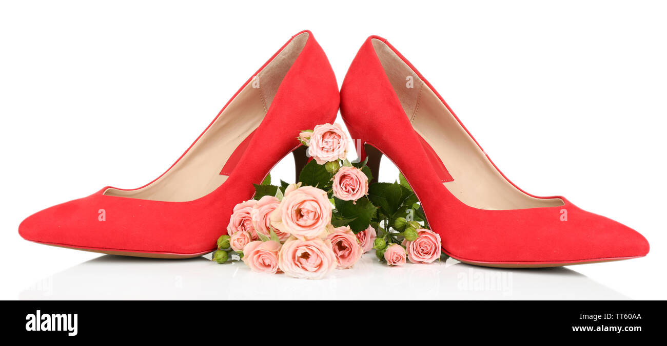 Beautiful woman shoes with flowers isolated on white Stock Photo - Alamy