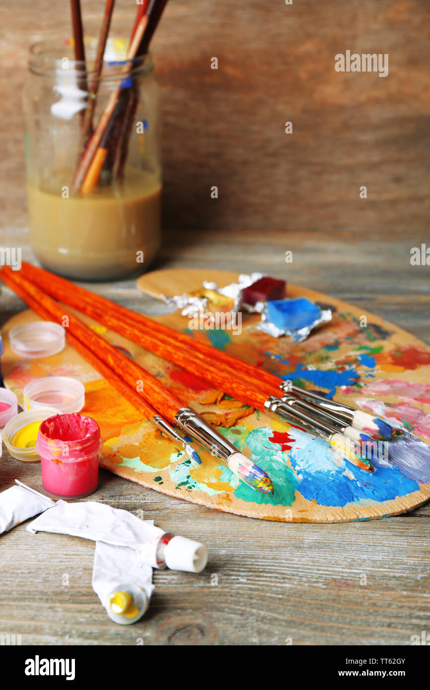 Beautiful still life with professional art materials, close up Stock ...