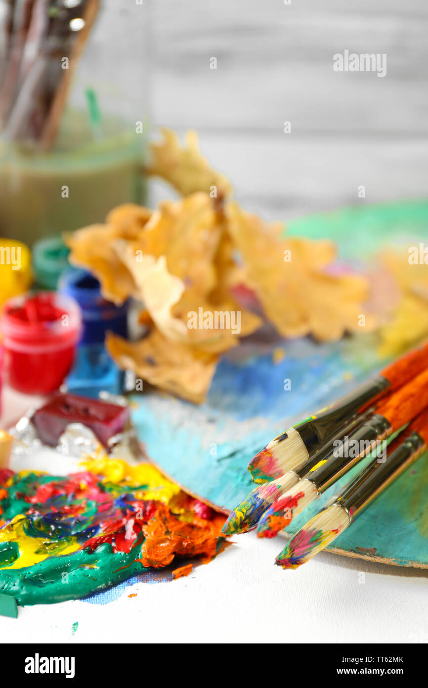Beautiful still life with professional art materials, close up Stock ...