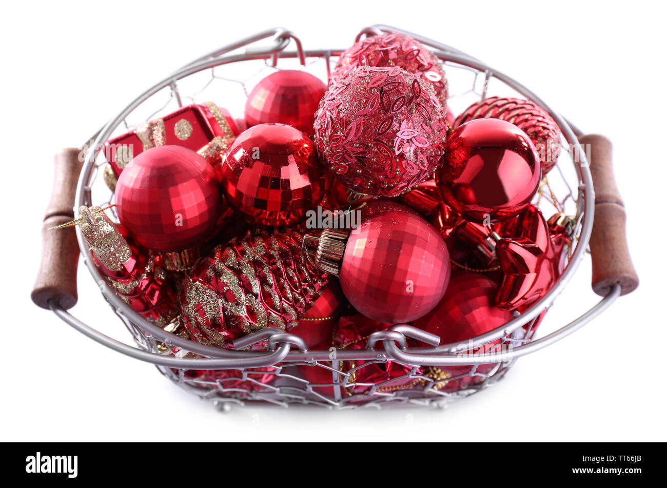 Beautiful Christmas balls in metal basket isolated on white Stock Photo ...