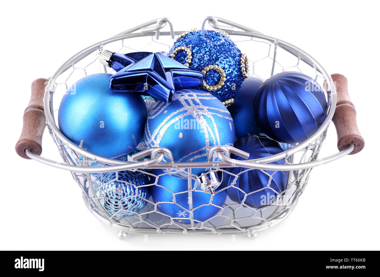 Beautiful Christmas balls in metal basket isolated on white Stock Photo ...