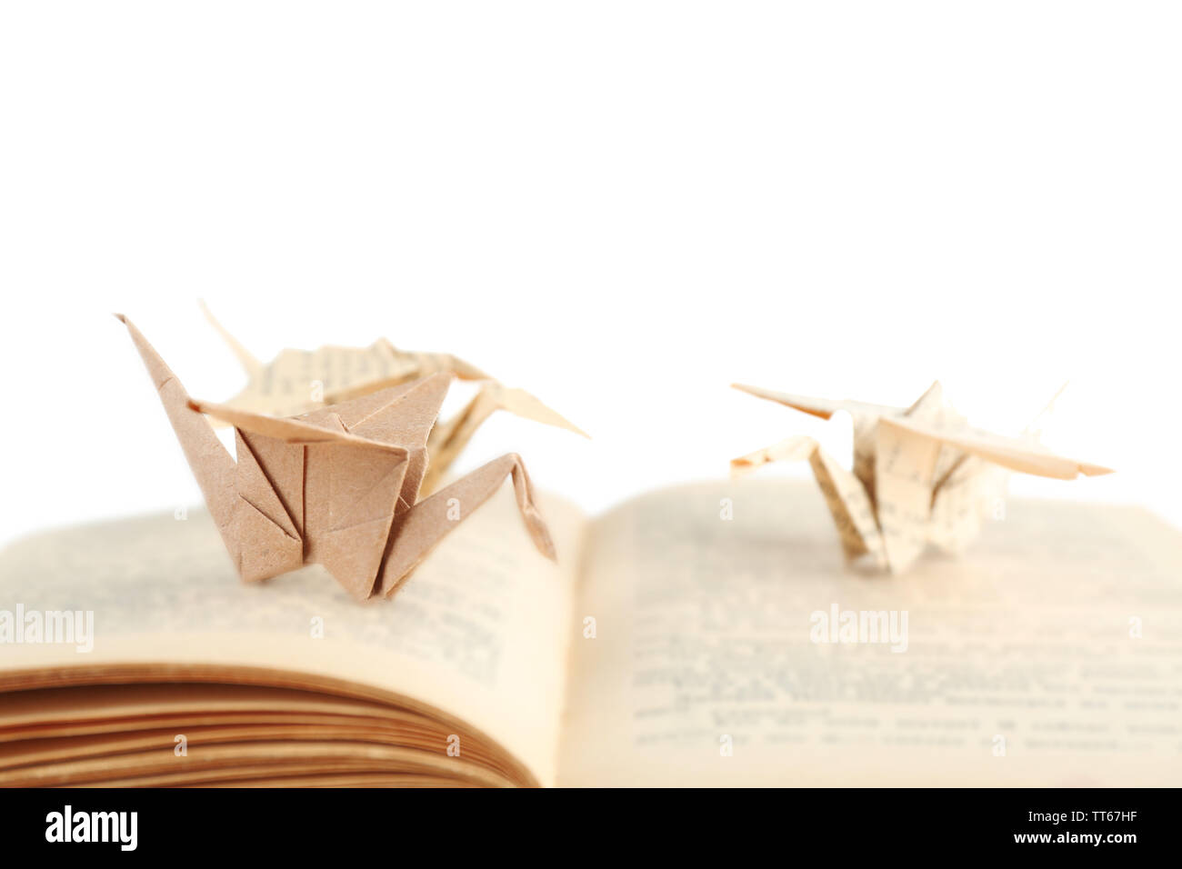 Origami cranes on old book, on white background Stock Photo - Alamy