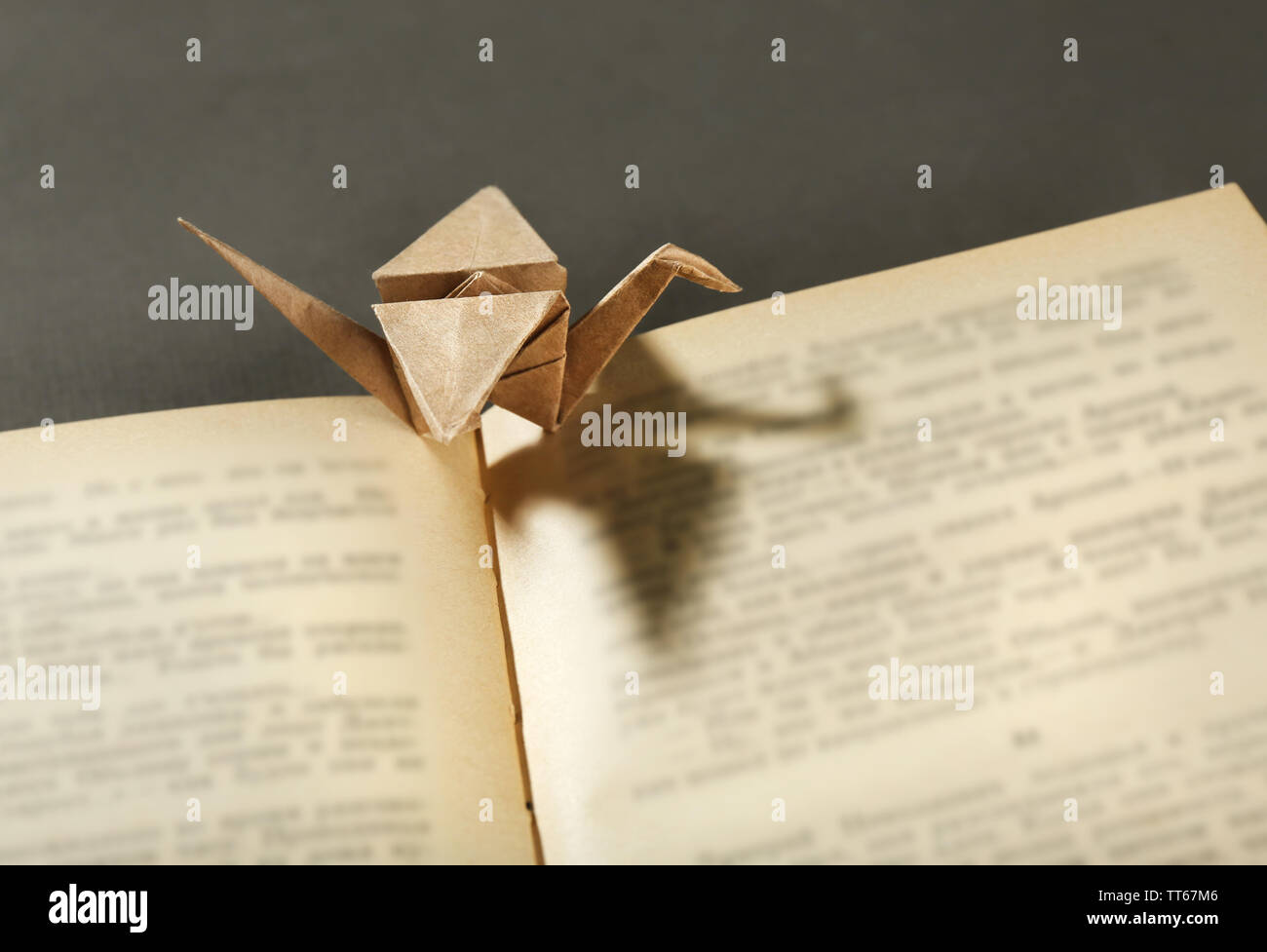 Origami cranes on old book on grey background Stock Photo - Alamy