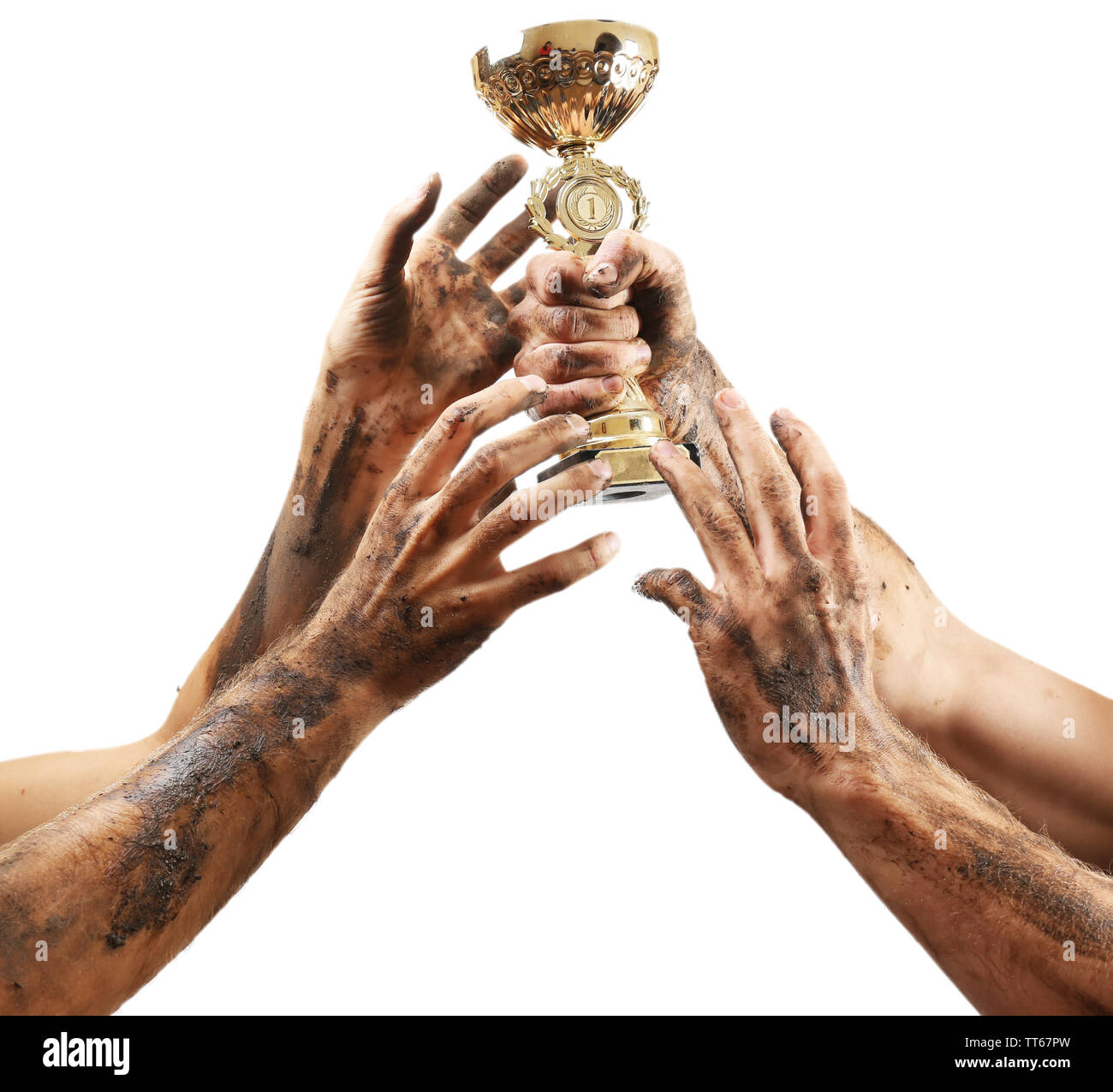 Gold cup in hands isolated on white Stock Photo - Alamy
