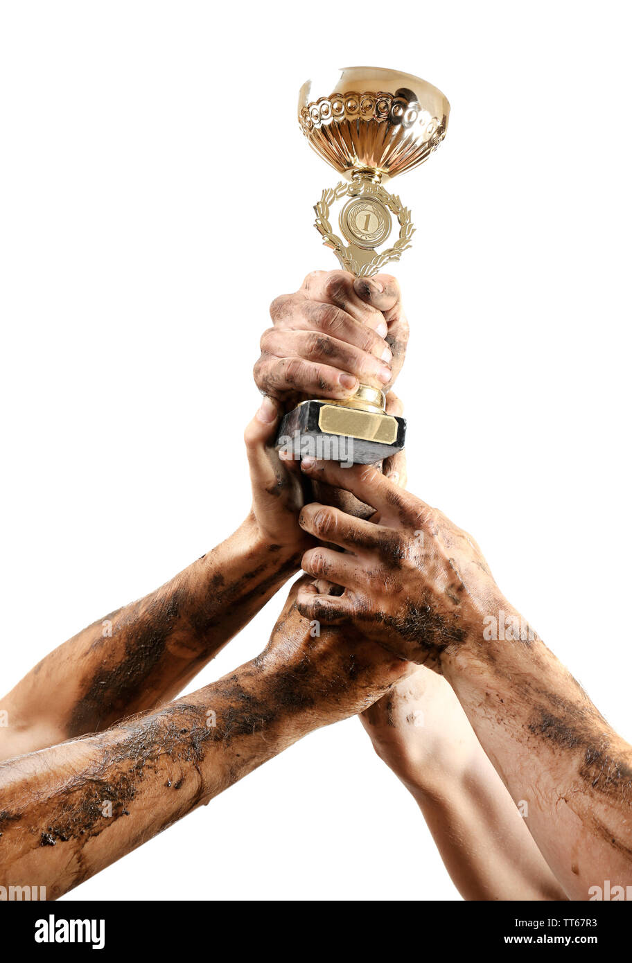 Gold cup in hands isolated on white Stock Photo - Alamy